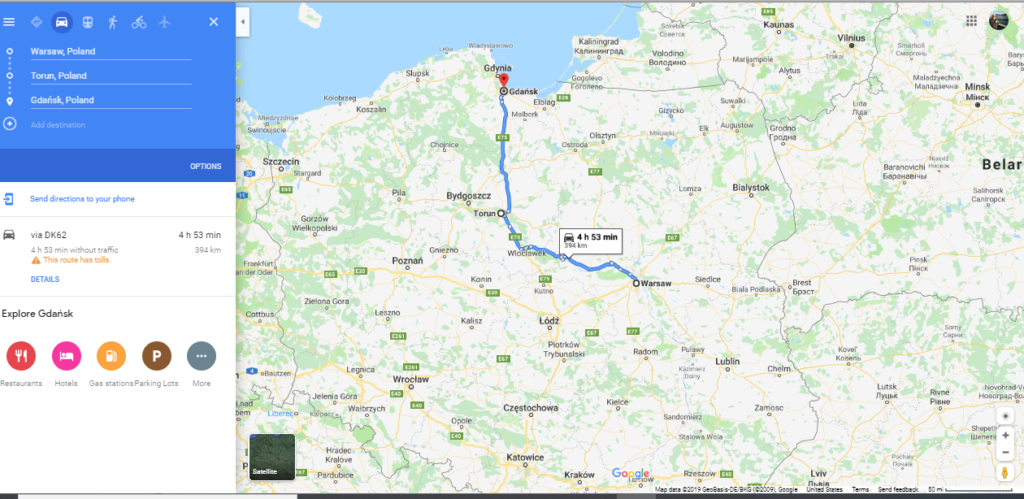 Google Maps Warsaw-Torun-Gdansk – Loyalty Traveler